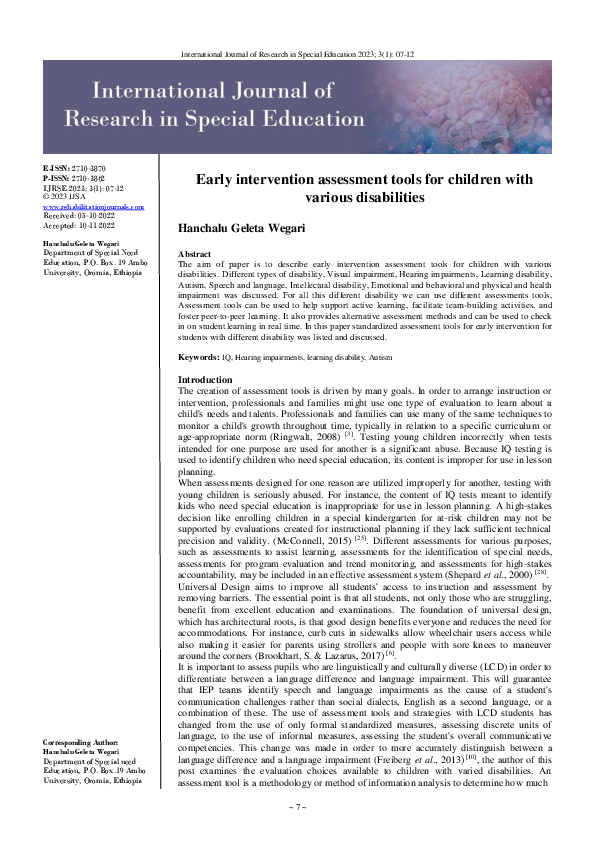 (PDF) Early intervention assessment tools for children with various ...