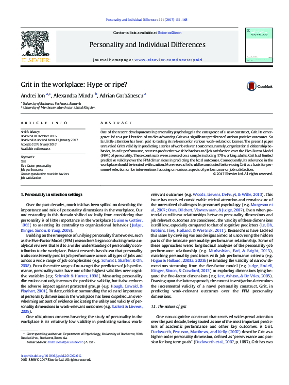 (PDF) Grit in the workplace: Hype or ripe?