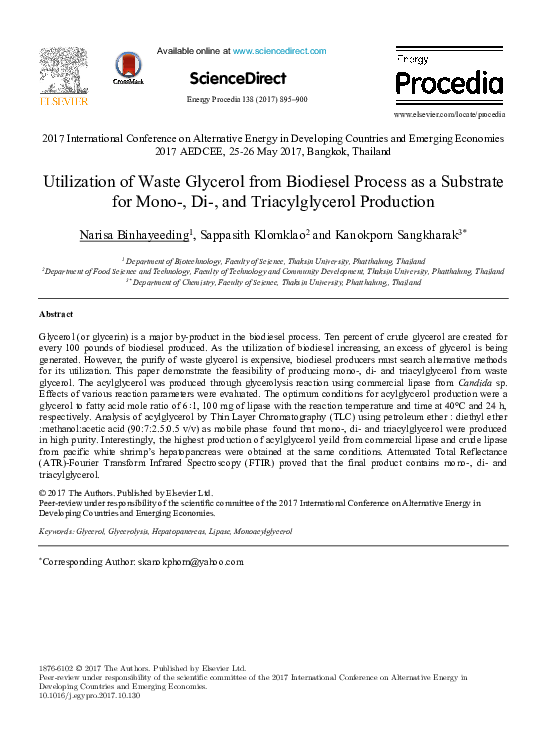 (PDF) Utilization of Waste Glycerol from Biodiesel Process as a ...