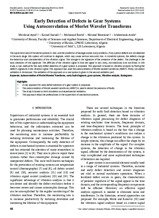 Pdf Early Detection Of Defects In Gear Systems Using Autocorrelation Of Morlet Wavelet Transforms