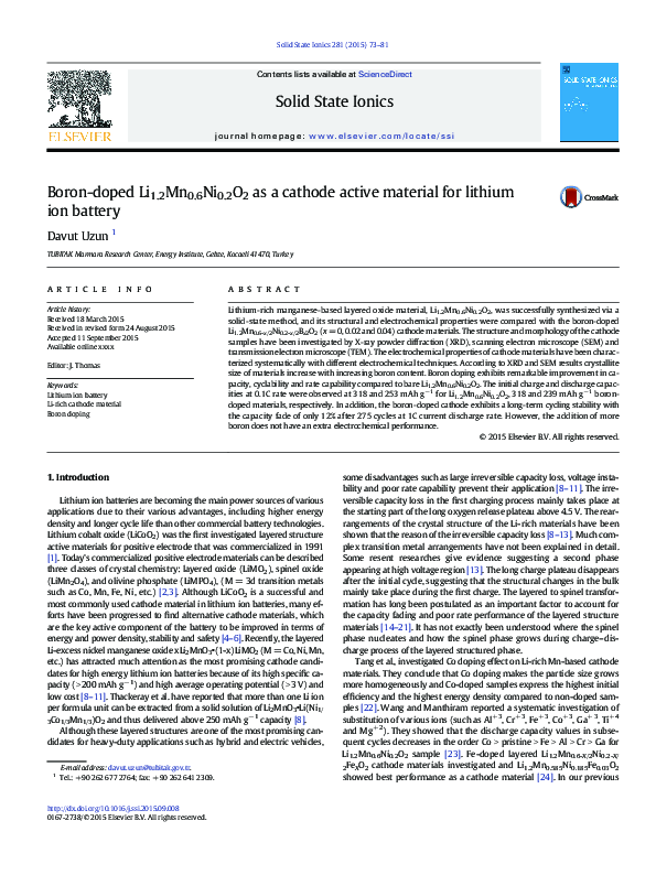 (PDF) Boron-doped Li1.2Mn0.6Ni0.2O2 as a cathode active material for lithium ion battery