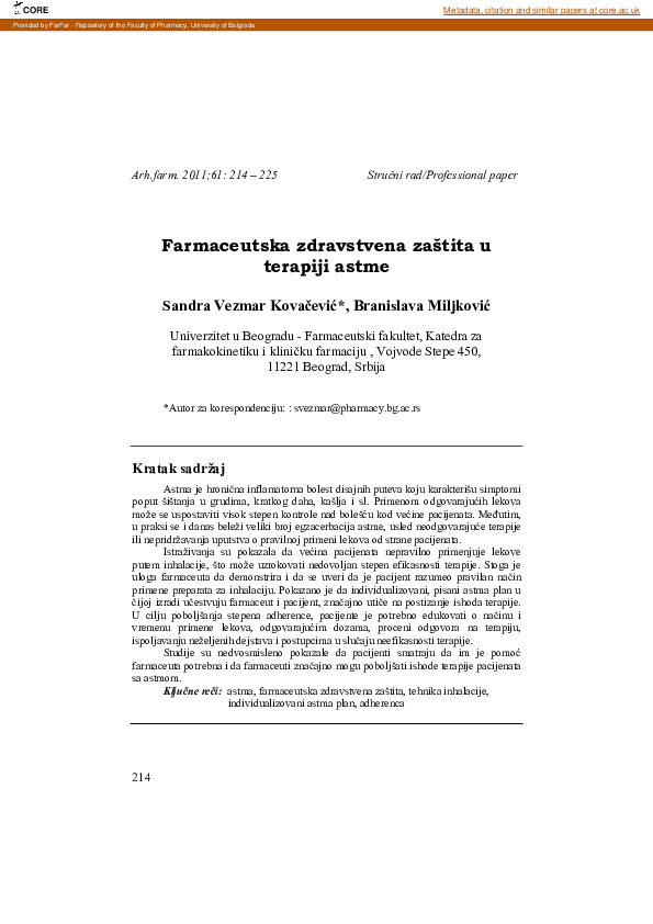 (PDF) Farmaceutska zdravstvena zaštita u terapiji astme
