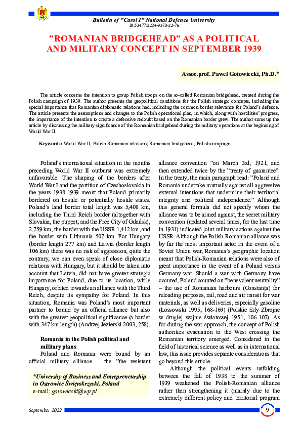 (PDF) "ROMANIAN BRIDGEHEAD" AS A POLITICAL AND MILITARY CONCEPT IN ...