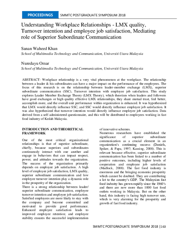 (PDF) Understanding Workplace Relationships - LMX quality,Turnover intention and employee job ...