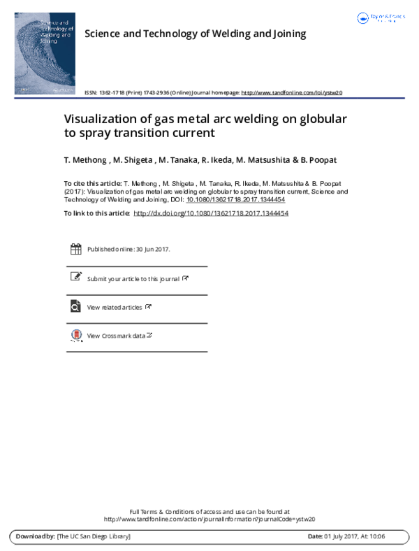 (PDF) Visualization of gas metal arc welding on globular to spray ...