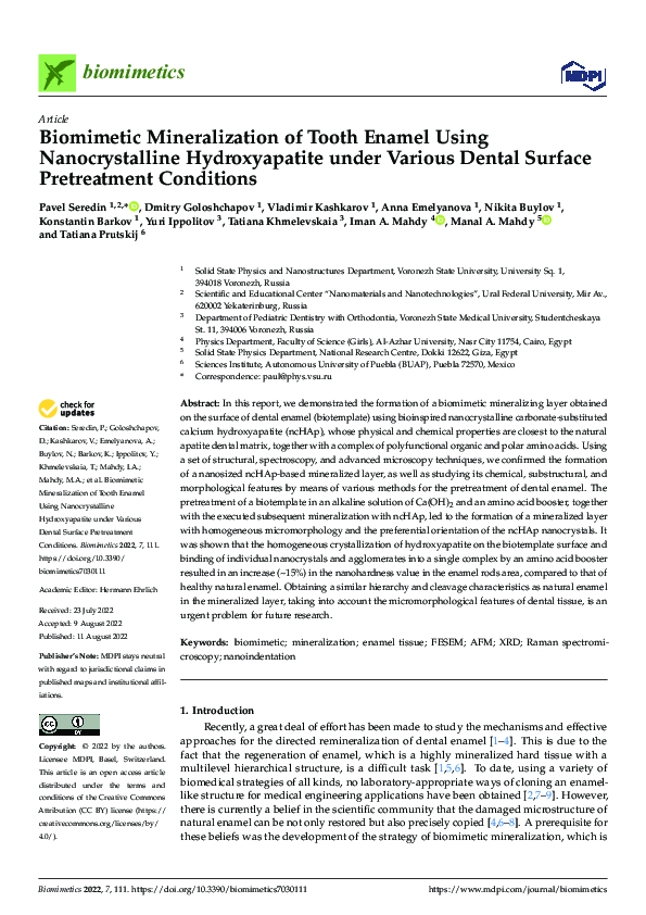 (PDF) Biomimetic Mineralization of Tooth Enamel Using Nanocrystalline ...