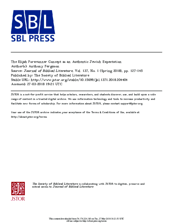 (PDF) The Elijah Forerunner Concept as an Authentic Jewish Expectation