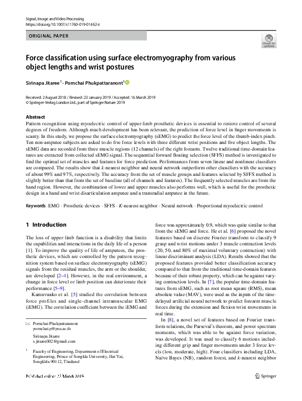 (PDF) Force classification using surface electromyography from various object lengths and wrist ...