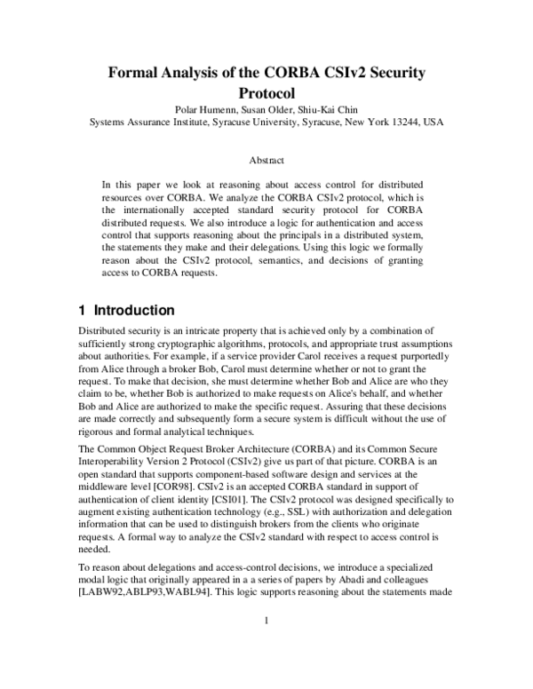 (PDF) Formal Analysis of the CORBA CSIv2 Security Protocol