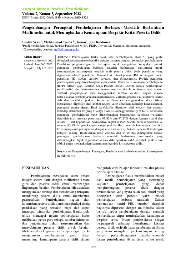 (PDF) Pengembangan Perangkat Pembelajaran Berbasis Masalah Berbantuan Multimedia untuk ...