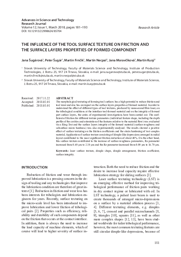 (PDF) The Influence of the Tool Surface Texture on Friction and the Surface Layers Properties of ...