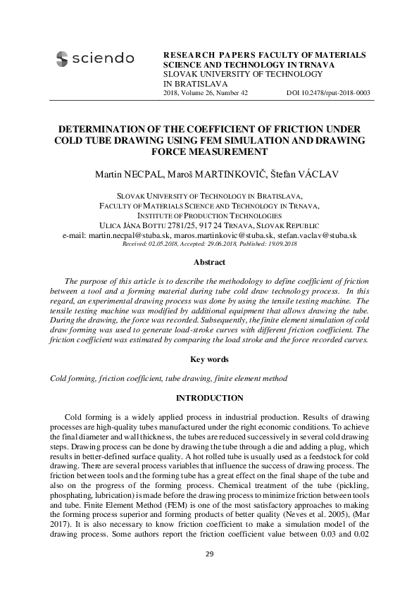 Pdf Determination Of The Coefficient Of Friction Under Cold Tube