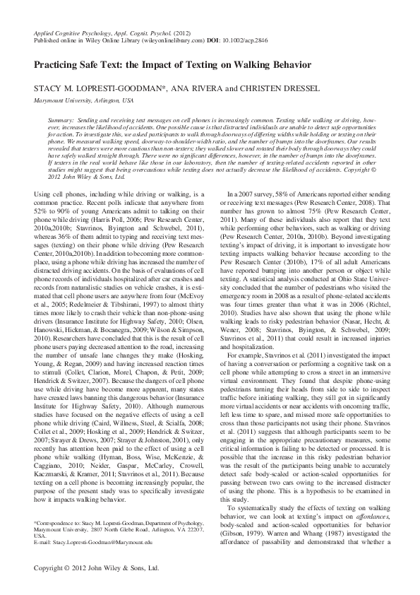 (PDF) Practicing Safe Text: the Impact of Texting on Walking Behavior