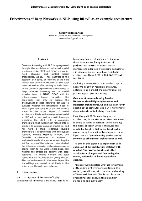 (PDF) Effectiveness of Deep Networks in NLP using BiDAF as an example architecture | Soumyendu ...