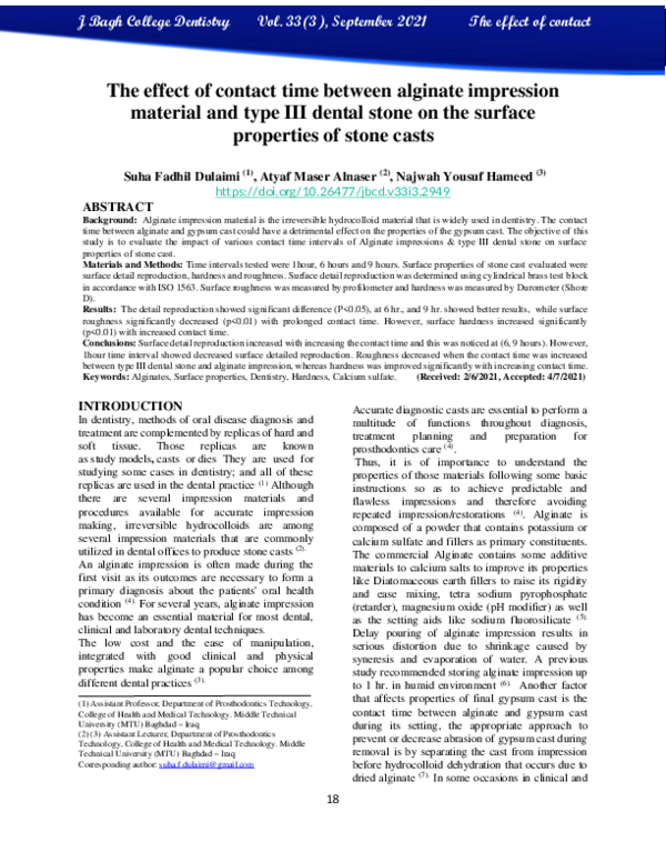 (PDF) The effect of contact time between alginate impression material ...