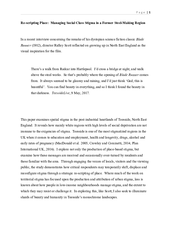 (DOC) Re‐scripting Place: Managing Social Class Stigma in a Former ...