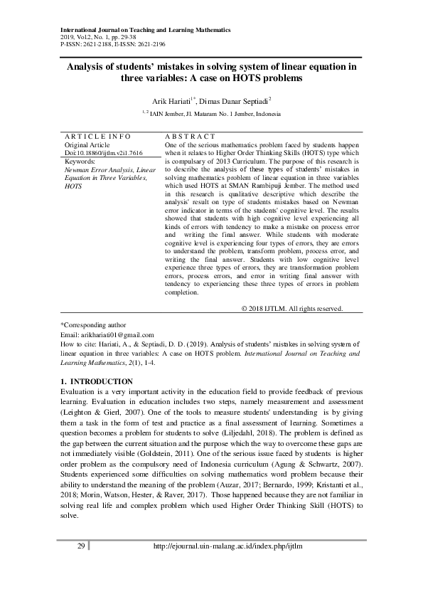 (PDF) Analysis of students’ mistakes in solving system of linear equation in three variables: A ...