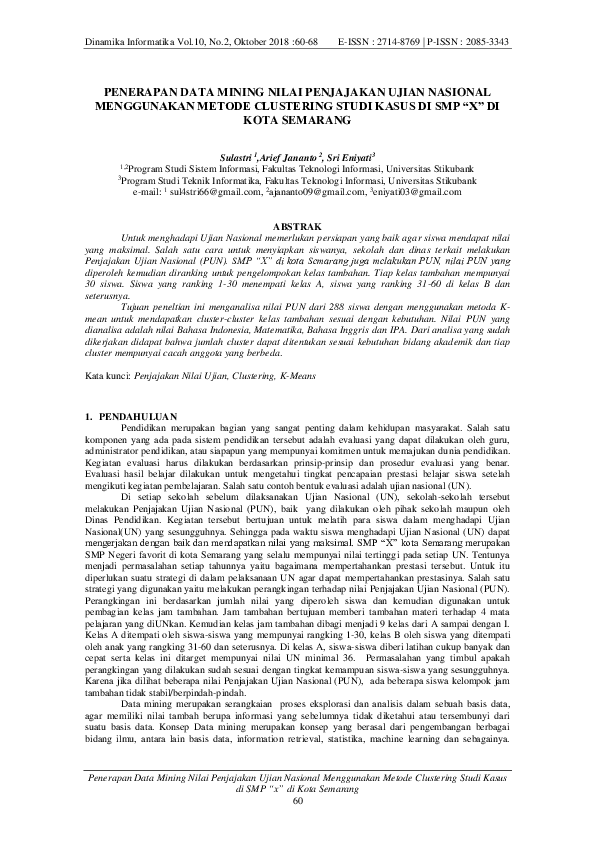 Pdf Penerapan Data Mining Nilai Penjajakan Ujian Nasional Menggunakan