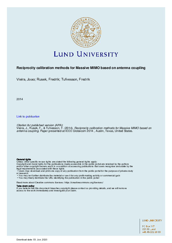 (PDF) Reciprocity calibration methods for massive MIMO based on antenna coupling