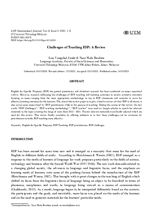 Pdf Challenges Of Teaching Esp A Review