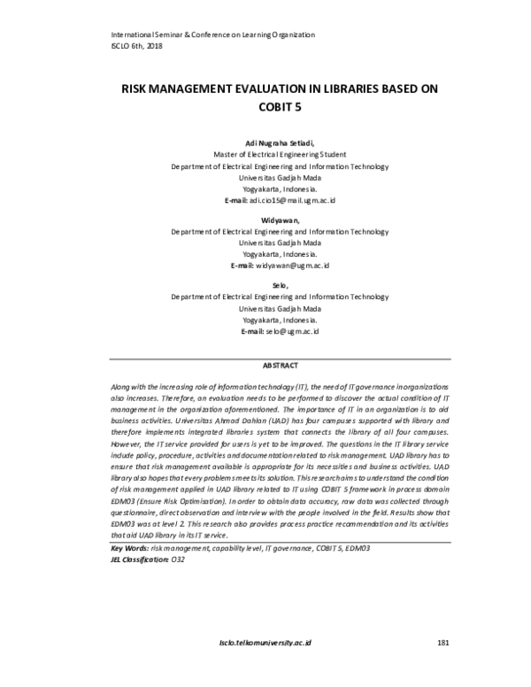 (PDF) Risk Management Evaluation in Libraries Based on Cobit 5