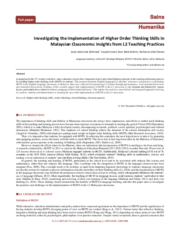 (PDF) Investigating the Implementation of Higher Order Thinking Skills in Malaysian Classrooms ...