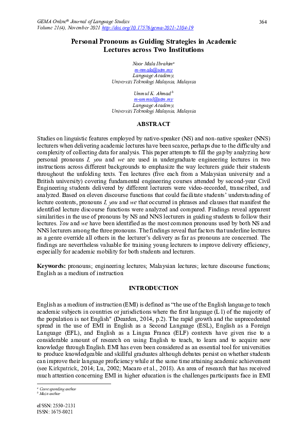 (PDF) Personal Pronouns as Guiding Strategies in Academic Lectures ...