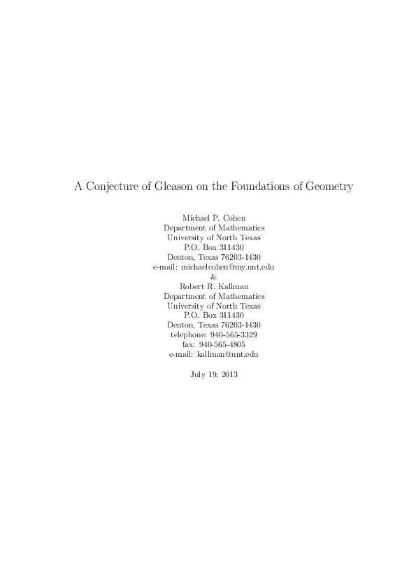 (PDF) A conjecture of Gleason on the foundations of geometry