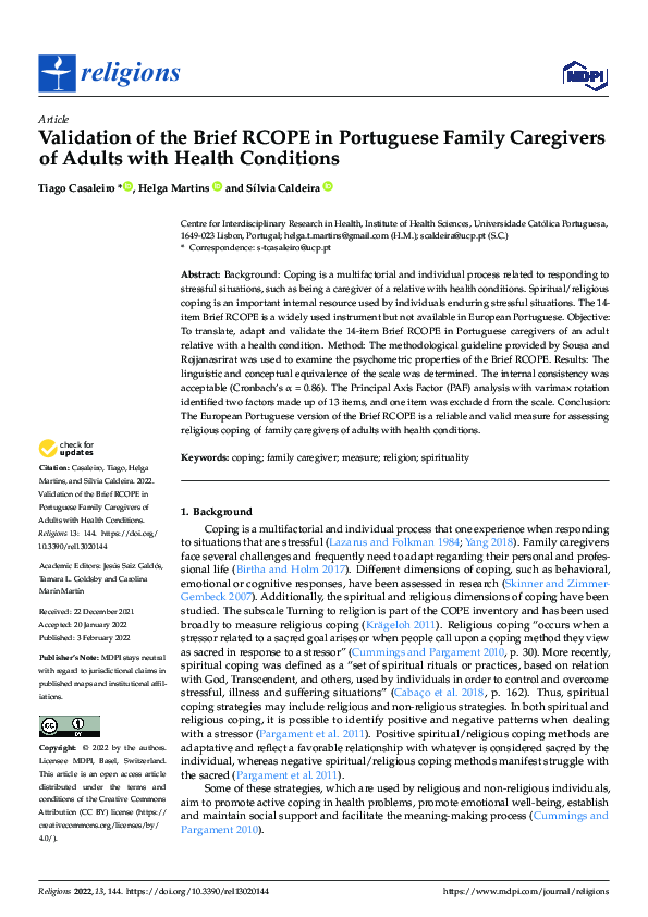 (PDF) Validation of the Brief RCOPE in Portuguese Family Caregivers of ...