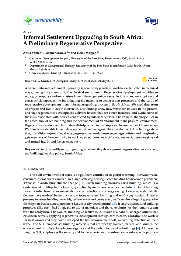 (PDF) Informal Settlement Upgrading in South Africa: A Preliminary Regenerative Perspective