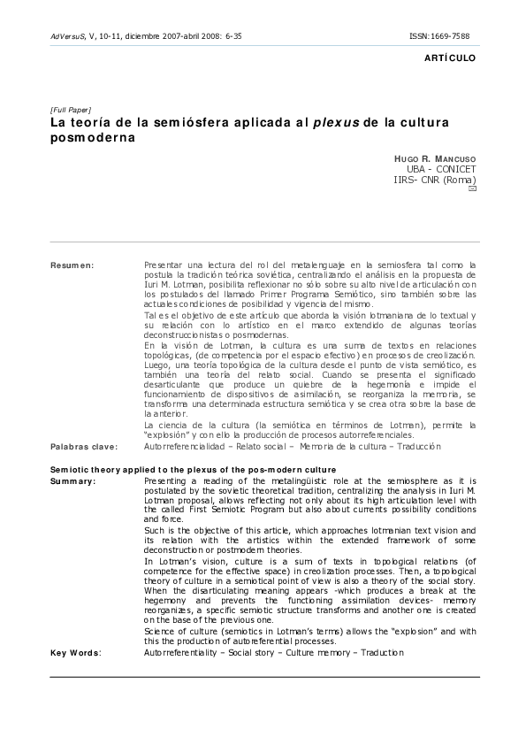 (PDF) La teoría de la semiosfera aplicada al "plexus" de la cultura ...