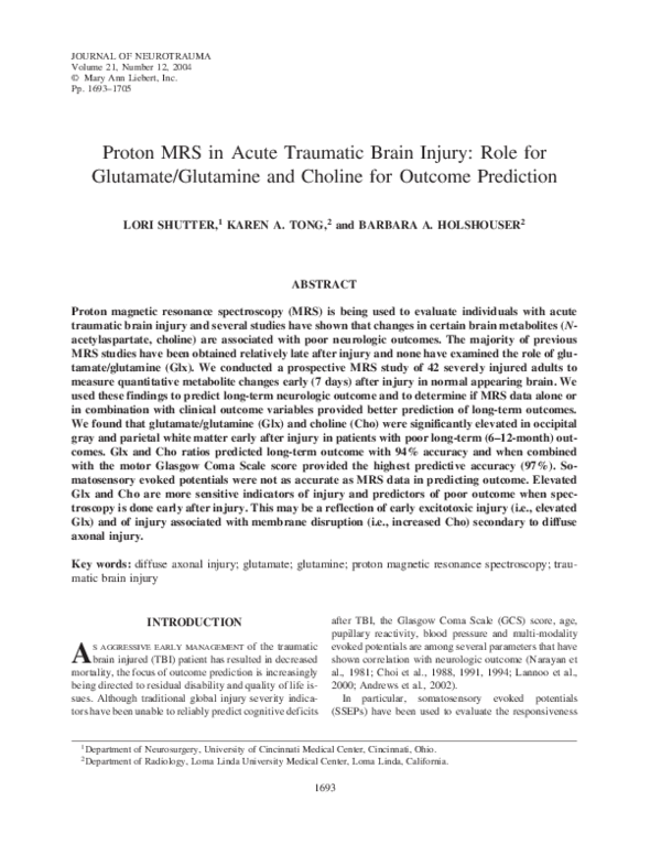 (PDF) Proton MRS in Acute Traumatic Brain Injury: Role for Glutamate ...