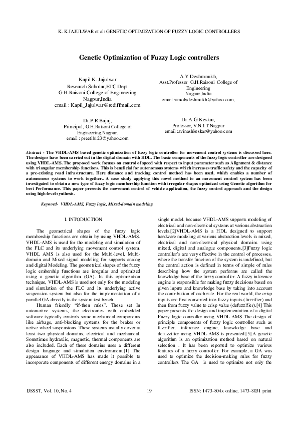 Pdf Genetic Optimization Of Fuzzy Logic Controllers