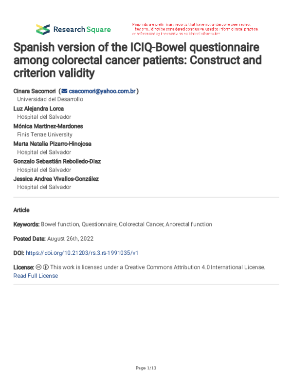 (PDF) Spanish version of the ICIQ-Bowel questionnaire among colorectal ...