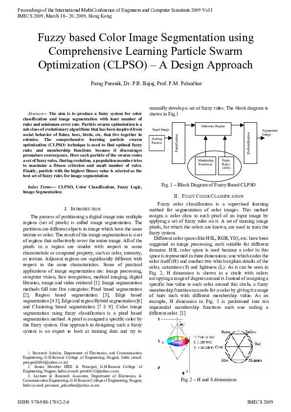 Pdf Fuzzy Based Color Image Segmentation Using Comprehensive Learning Particle Swarm 