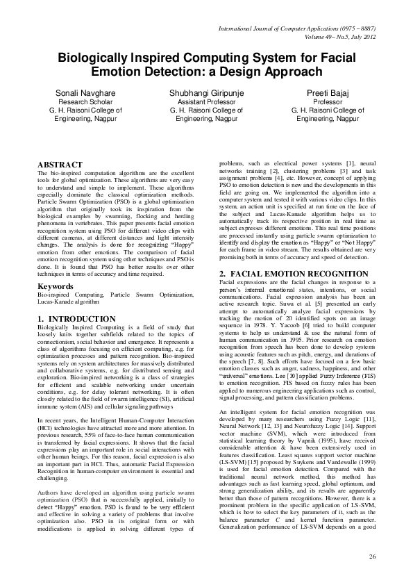 Pdf Biologically Inspired Computing System For Facial Emotion Detection A Design Approach