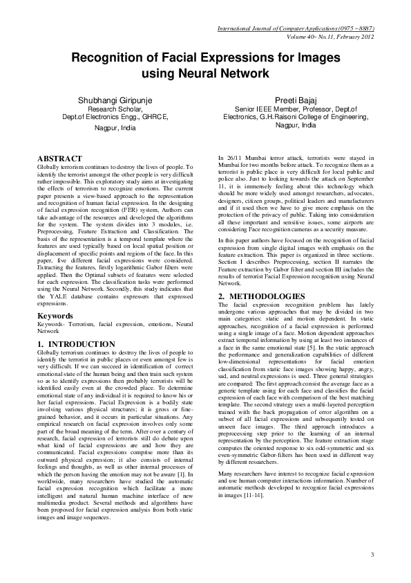 (PDF) Recognition of Facial Expressions for Images using Neural Network