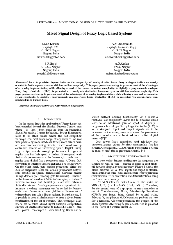 (PDF) Cmos Mixed Signal Design of Fuzzy Logic Based Systems