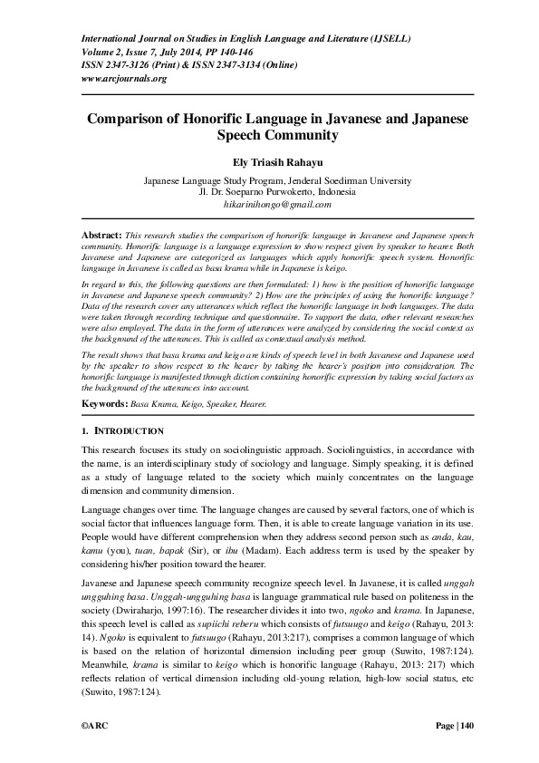 (PDF) ©ARC Page | 140 Comparison of Honorific Language in Javanese and ...