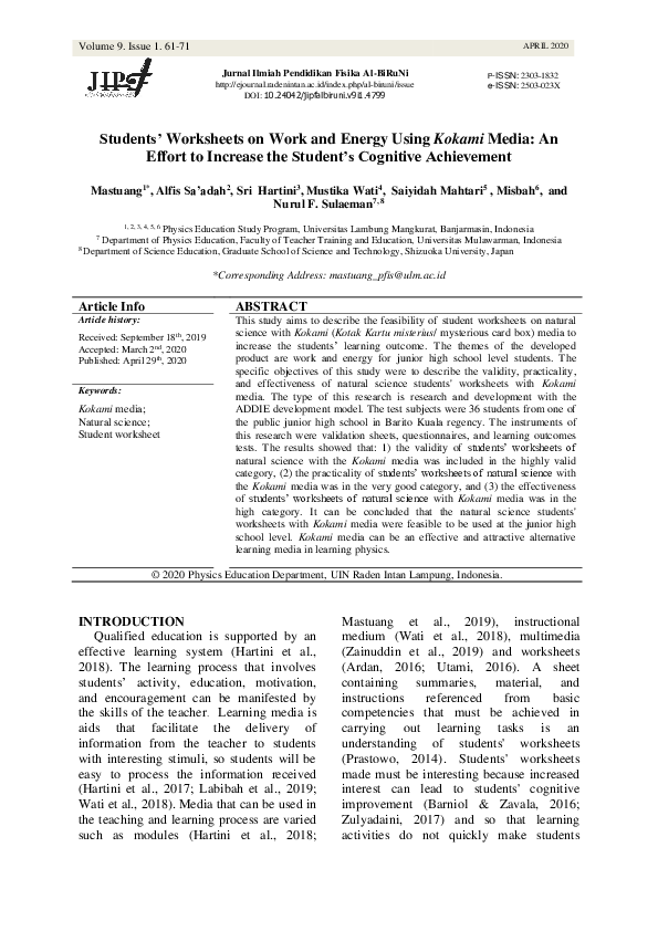 (PDF) Students’ Worksheets on Work and Energy Using Kokami Media: An ...