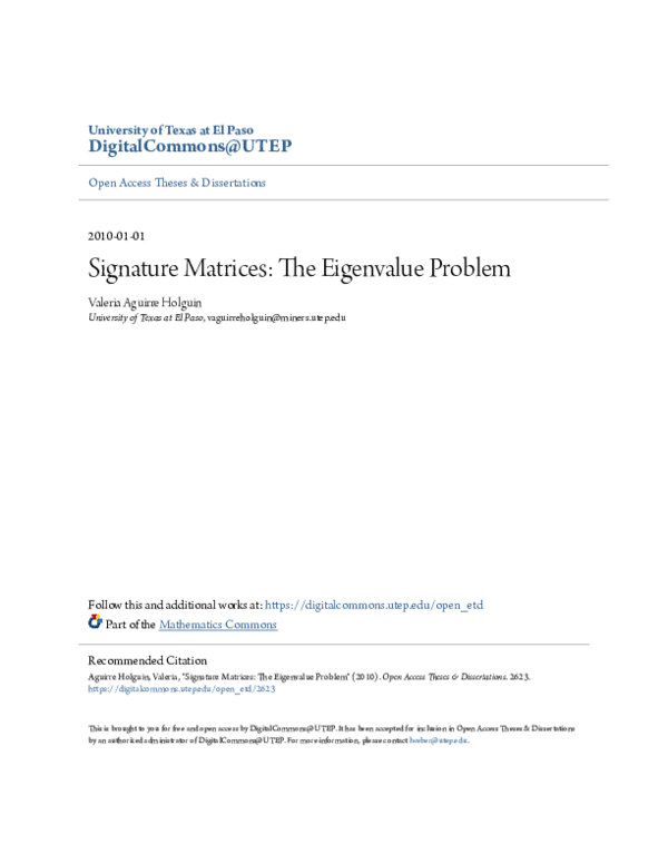 (PDF) Signature matrices: The eigenvalue problem