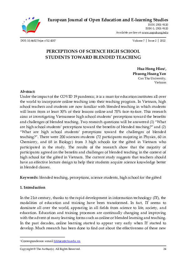 (PDF) Perceptions of Science High School Students Toward Blended Teaching