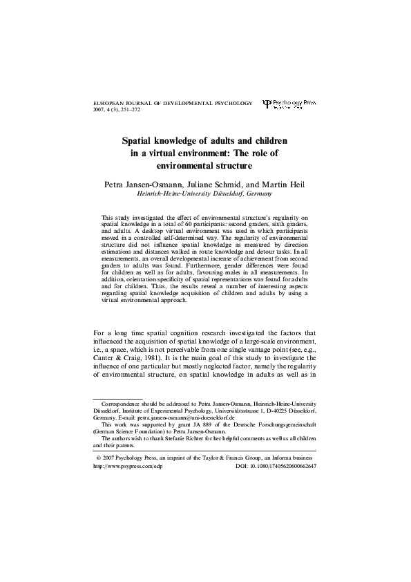 (PDF) Spatial knowledge of adults and children in a virtual environment: The role of ...