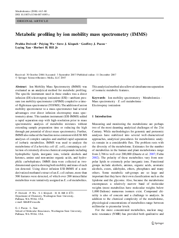 (PDF) Metabolic profiling by ion mobility mass spectrometry (IMMS)