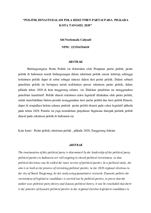(DOC) "POLITIK DINASTI DALAM POLA REKUTMEN PARTAI PADA