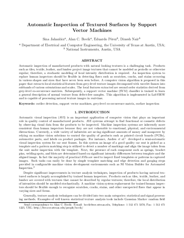 Pdf Automatic Inspection Of Textured Surfaces By Support Vector Machines