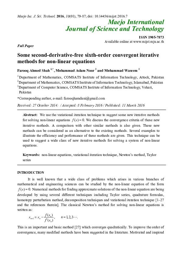 Pdf Some Second Derivative Free Sixth Order Convergent Iterative