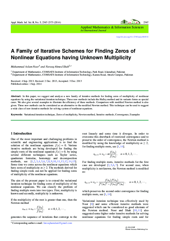 (PDF) A Family of Iterative Schemes for Finding Zeros of Nonlinear Equations having Unknown ...