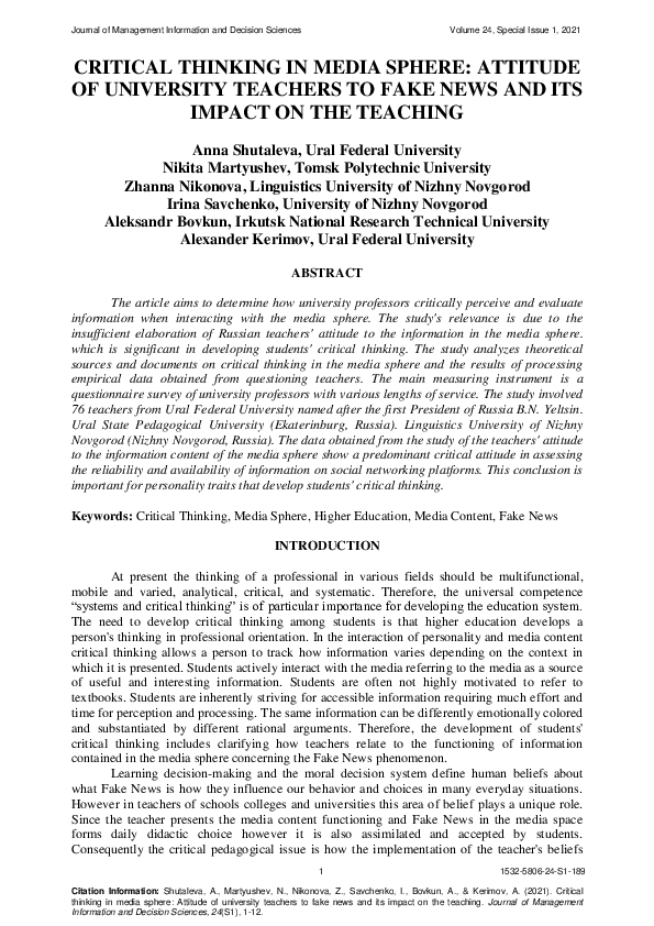 (PDF) Critical Thinking in Media Sphere: Attitude of University ...