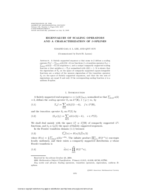 (PDF) Eigenvalues of scaling operators and a characterization of $B$-splines | Qiyu Sun ...